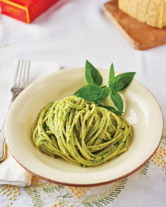 Spaghetti with Spinach-Walnut Pesto and Ricotta - Lidia