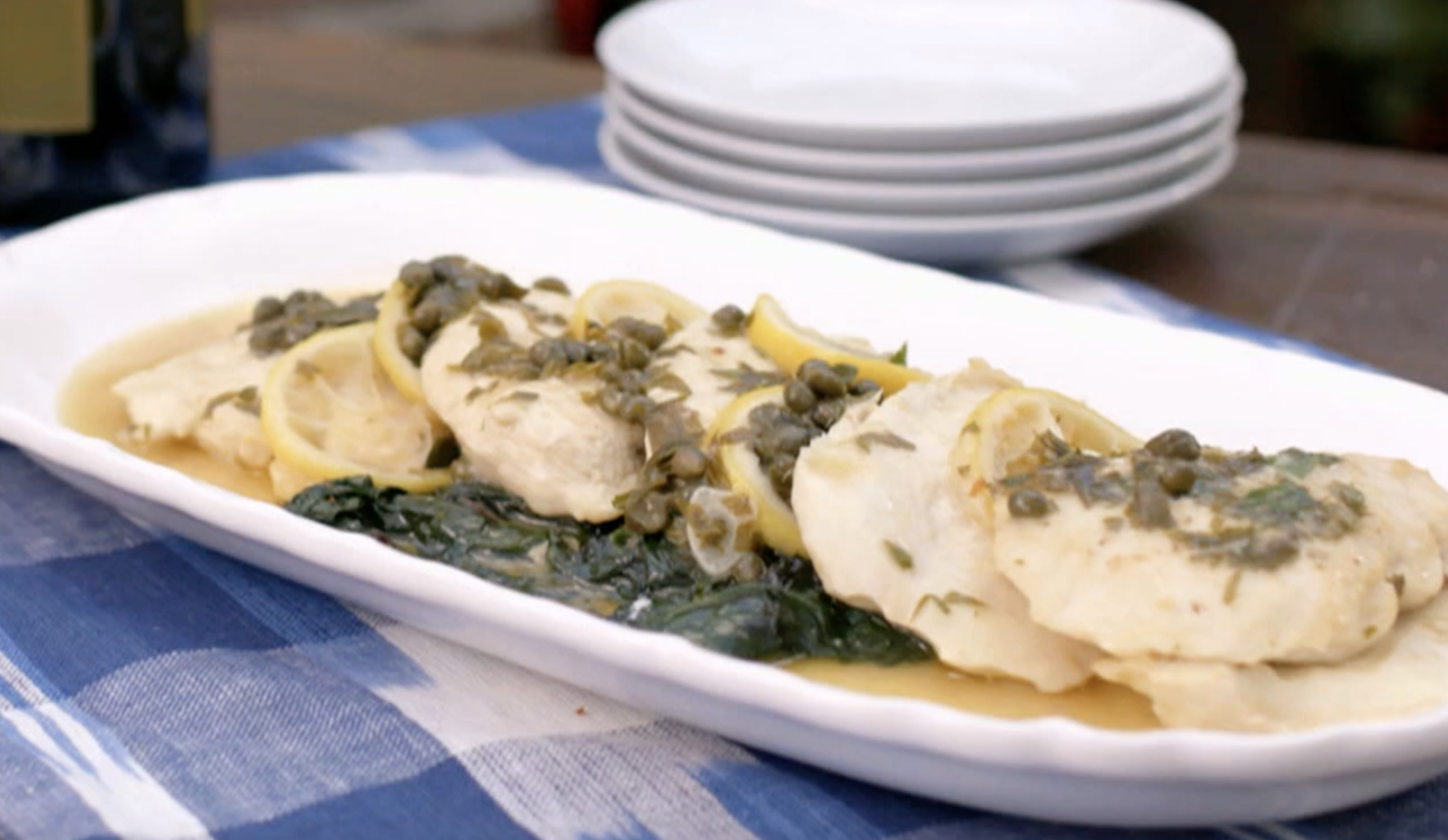 Chicken Scaloppine in Lemon Caper Sauce with Spinach - Lidia